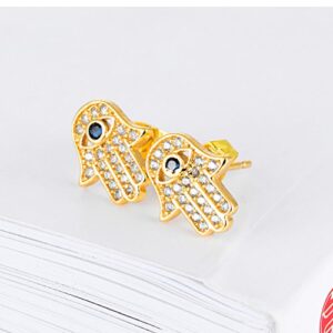 Yellow Gold/White Gold Plated Evil Eye and Hamsa Hand of Fatima White Blue Cubic zircon crystal Stud Earrings For Women Teen Girls (Yellow Gold)