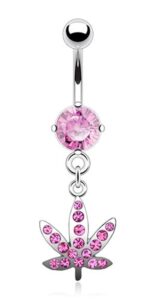 forbidden body jewelry surgical steel pink crystal studded marijuana leaf charm dangle belly ring