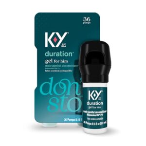 k-y duration gel 0.16 fl oz, for men, adult couples, numbing male genital desensitizer to last longer, pleasure enhancer, 36 pumps, latex condom compatible