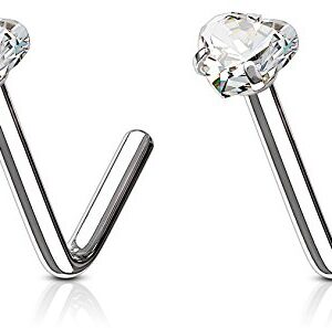 Forbidden Body Jewelry 2 Pack Heart Nose Ring, Heart Nose Stud, L Nose Rings, Heart Nose Rings, 18g 6mm Surgical Steel L Shaped Nose Ring with 3mm Heart CZ Crystal