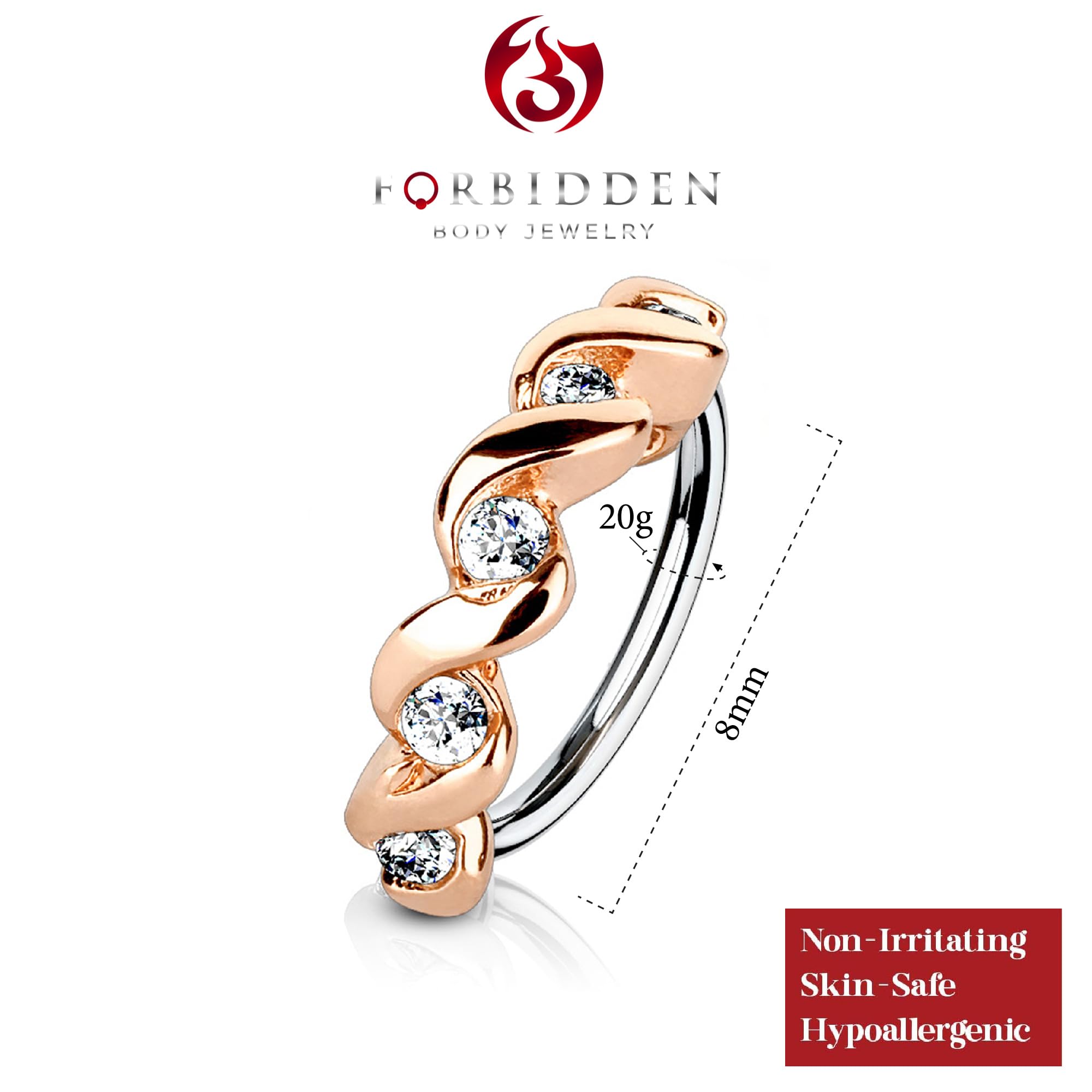 Forbidden Body Jewelry 20g 8mm Rose Gold IP Plated Surgical Steel CZ Set Twisted Design Top Nose Hoop