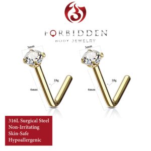 Forbidden Body Jewelry Nose Rings L Shaped, Nose Ring Studs, L Shaped Nose Studs, Nose Piercing Stud, 18g 6mm Surgical Steel L Shaped Nose Ring with 3mm CZ Crystal (2 Pack Gold IP Plated)