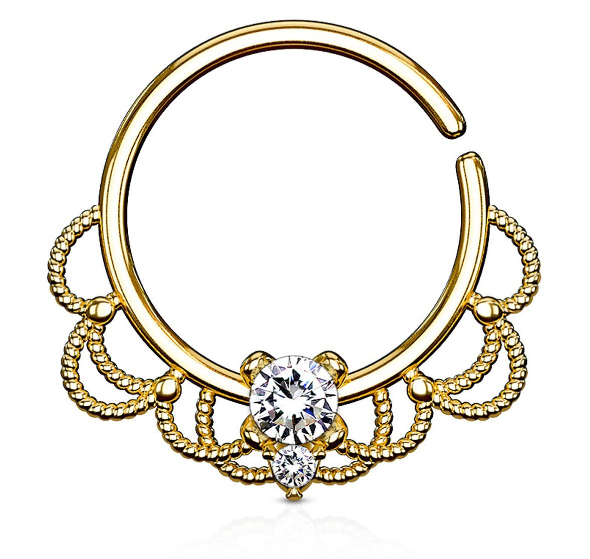 Forbidden Body Jewelry 16g 18k Gold Plated Brass Filigree Septum and Cartilage Hoop with Clear CZ Crystal Center