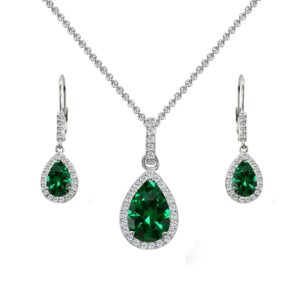 b. brilliant sterling silver simulated emerald & white topaz teardrop dangling necklace & leverback drop dangle earrings jewelry set for women with gift box