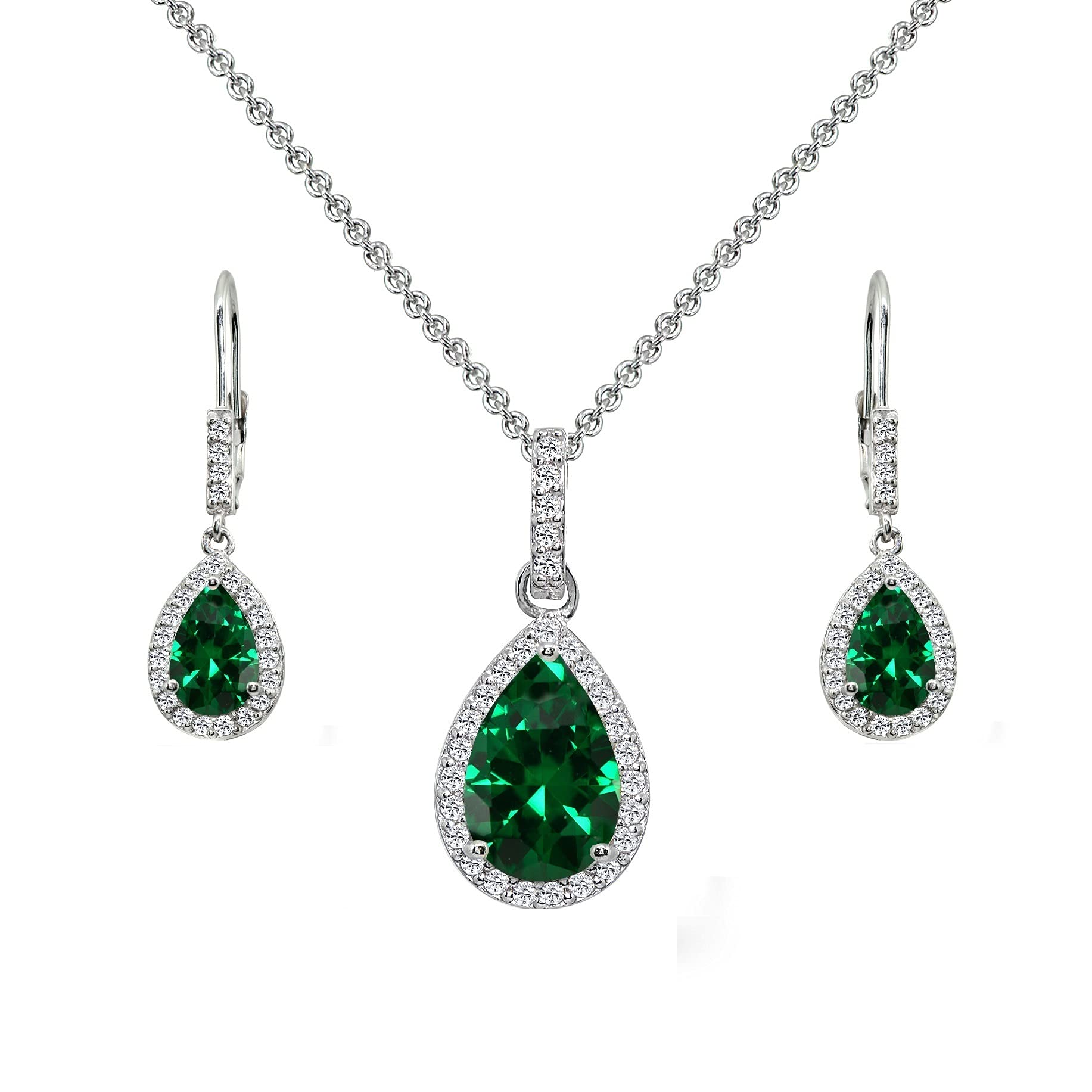 B. BRILLIANT Sterling Silver Simulated Emerald & White Topaz Teardrop Dangling Necklace & Leverback Drop Dangle Earrings Jewelry Set for Women with Gift Box