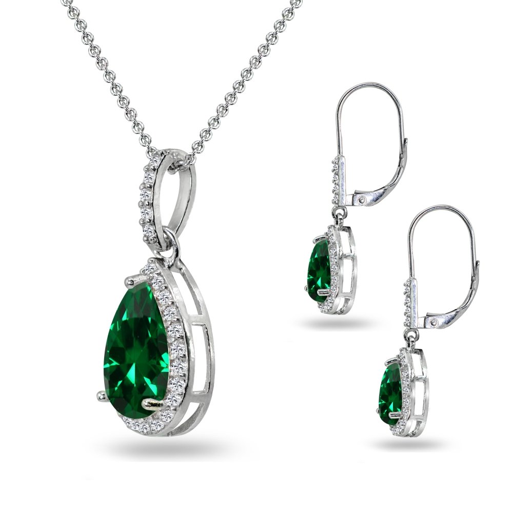 B. BRILLIANT Sterling Silver Simulated Emerald & White Topaz Teardrop Dangling Necklace & Leverback Drop Dangle Earrings Jewelry Set for Women with Gift Box