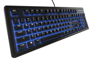 steelseries apex 100 gaming keyboard - tactile & silent - blue led backlit - splash resistant - media controls (renewed)