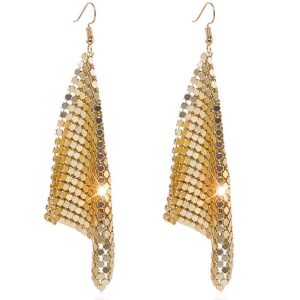 suyi trendy women earrings metal mesh grid sequins tassel long drop dangle earrings gold