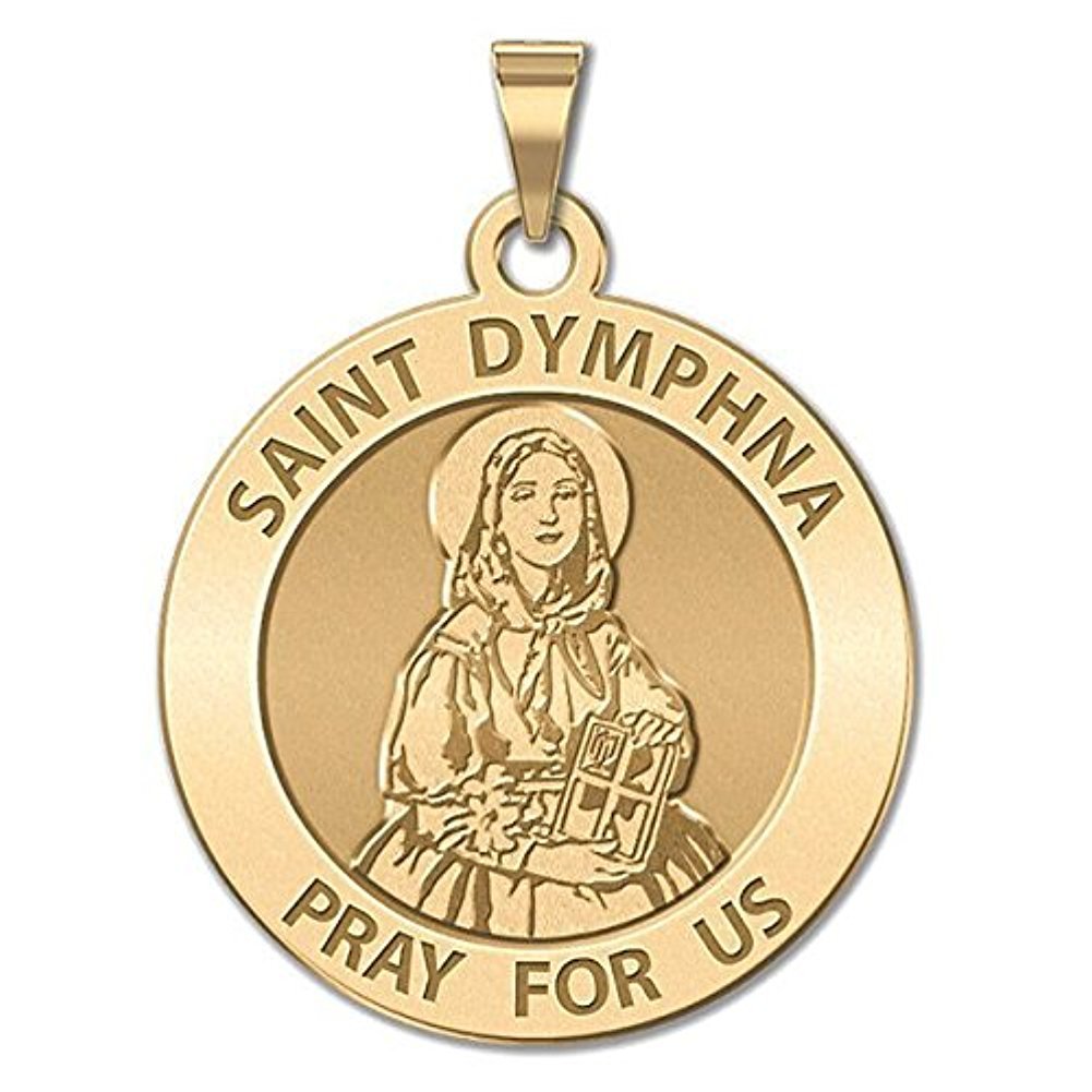 PicturesOnGold.com Saint Dymphna Round Religious Medal - Solid 14k Yellow Gold - 2/3 x 2/3 Inch, Medal With Engraving