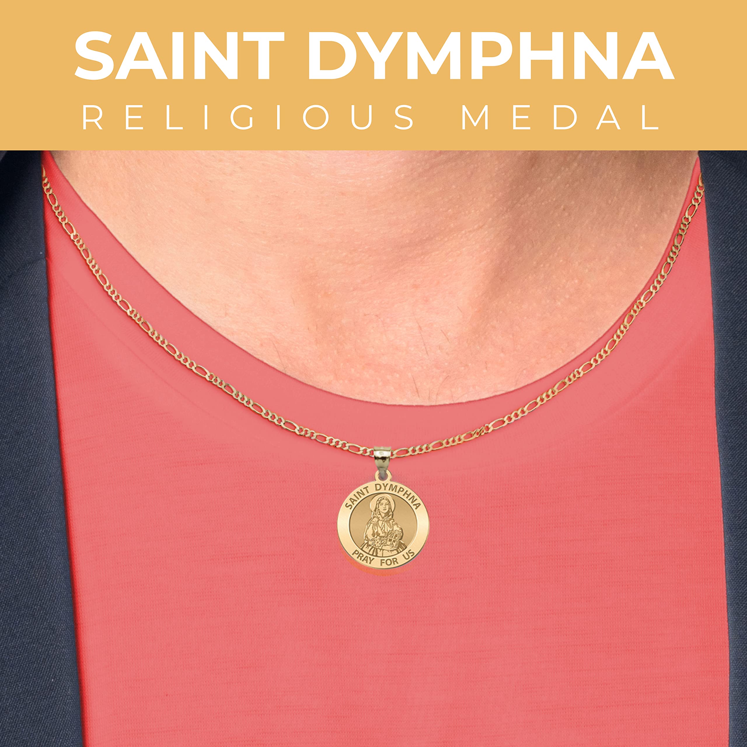 PicturesOnGold.com Saint Dymphna Round Religious Medal - Solid 14k Yellow Gold - 2/3 x 2/3 Inch, Medal With Engraving