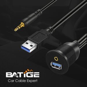 BATIGE USB 3.0 & 3.5mm Car Mount Flush Cable 3.5mm + USB3.0 AUX Extension Dash Panel Waterproof Mount Cable for Car Boat and Motorcycle - 6ft