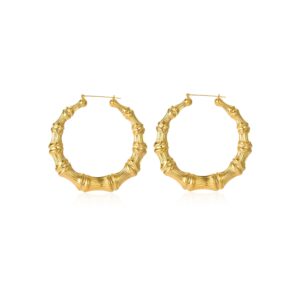 gold plated bamboo hoop earring hollow casting hip-hop statement jewelry for women dia 65mm