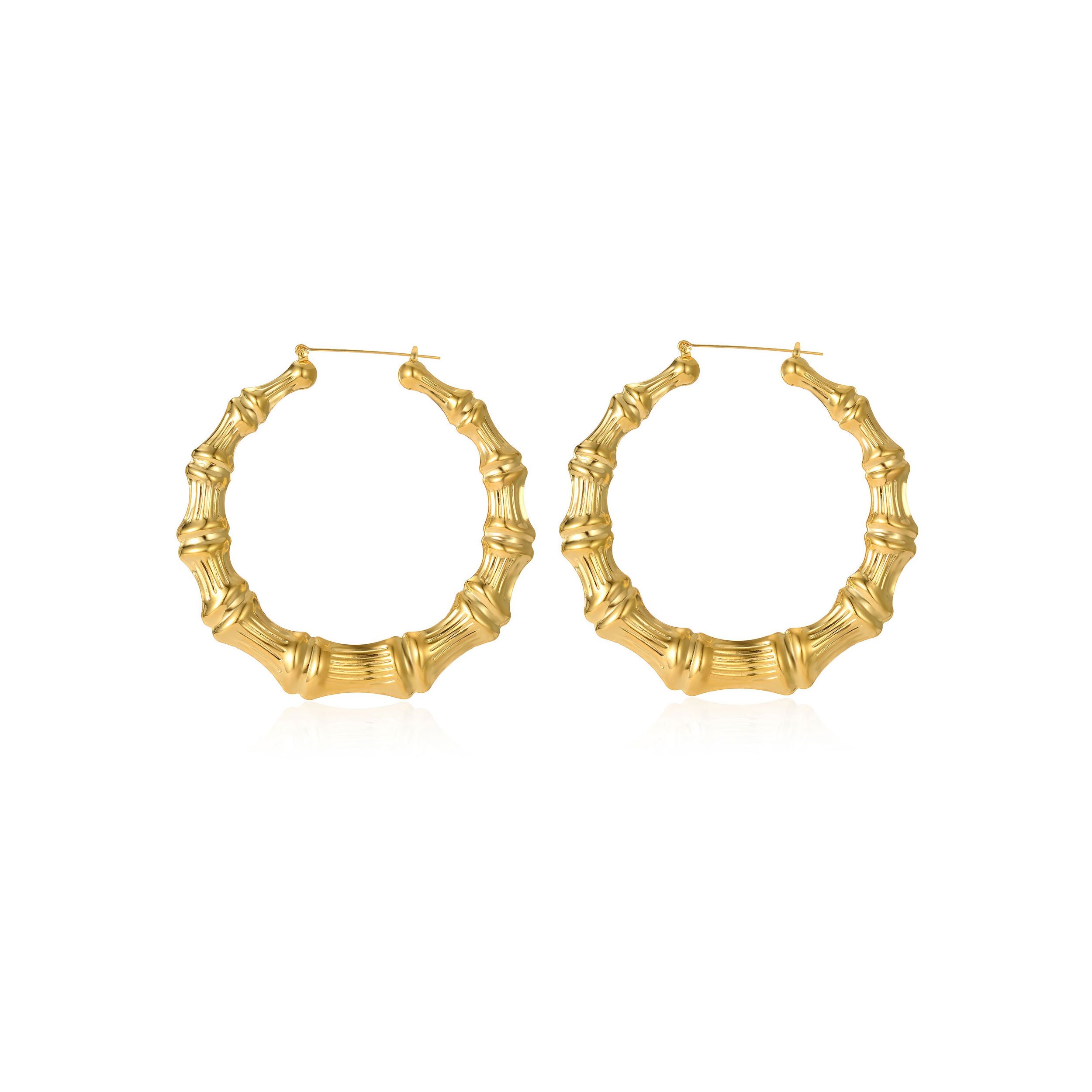 Gold Plated Bamboo Hoop Earring Hollow Casting Hip-Hop Statement Jewelry for Women Dia 65mm