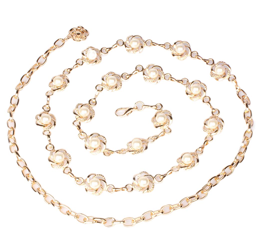 Amiveil Women's Metal Chain Flower Pearl Belts Gold Silver