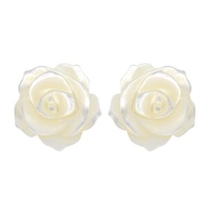 delicate pure white rose carved from mother of pearl stud earrings