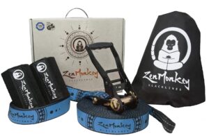 zenmonkey slackline kit with tree protectors, cloth carry bag and instructions, 60 foot - easy setup for the family, kids and adults