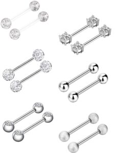 sumind 6 pairs nipple bars surgical stainless steel piercing barbell ring tongue ring cubic zirconia nipple rings body piercing jewelry, 14 gauge