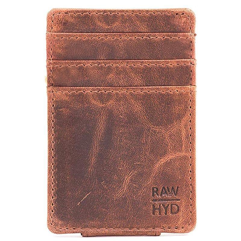 RAW HYD Men's Full-Grain Leather Slim Wallet with Money Clip - RFID Blocking, 5 Card Sleeves, Holds 15 Bills, Compact & Durable - Hunter Brown