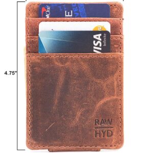 RAW HYD Men's Full-Grain Leather Slim Wallet with Money Clip - RFID Blocking, 5 Card Sleeves, Holds 15 Bills, Compact & Durable - Hunter Brown