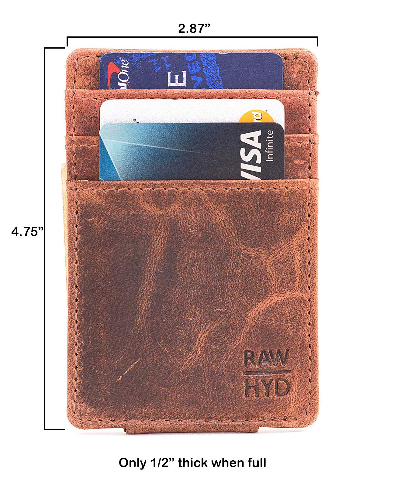 RAW HYD Men's Full-Grain Leather Slim Wallet with Money Clip - RFID Blocking, 5 Card Sleeves, Holds 15 Bills, Compact & Durable - Hunter Brown