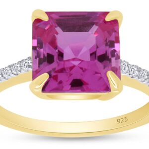 AFFY Asscher Simulated Pink Sapphire & White Cubic Zirconia Engagement Ring in 925 Sterling Silver (3.25 cttw) Ring Size-6.5