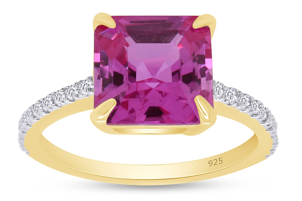 AFFY Asscher Simulated Pink Sapphire & White Cubic Zirconia Engagement Ring in 925 Sterling Silver (3.25 cttw) Ring Size-6.5