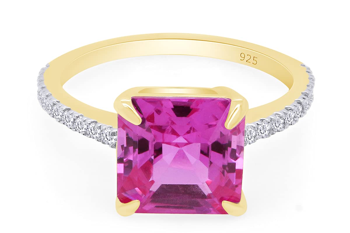 AFFY Asscher Simulated Pink Sapphire & White Cubic Zirconia Engagement Ring in 925 Sterling Silver (3.25 cttw) Ring Size-6.5