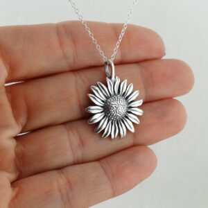 FashionJunkie4Life Sterling Silver Sunflower Necklace | 18” Sterling Silver Necklace with Sterling Silver Sunflower Pendant | Sunflower Jewelry for Women