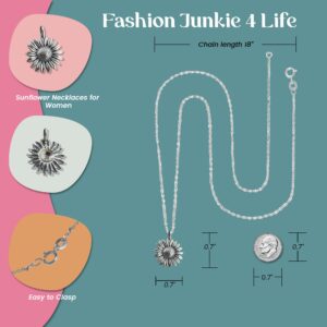 FashionJunkie4Life Sterling Silver Sunflower Necklace | 18” Sterling Silver Necklace with Sterling Silver Sunflower Pendant | Sunflower Jewelry for Women