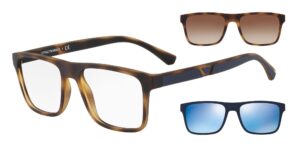 emporio armani men's ea4115 prescription eyewear frames with two interchangeable sun clip-ons rectangular, matte havana/clear/brown gradient/blue mirrored, 54 mm