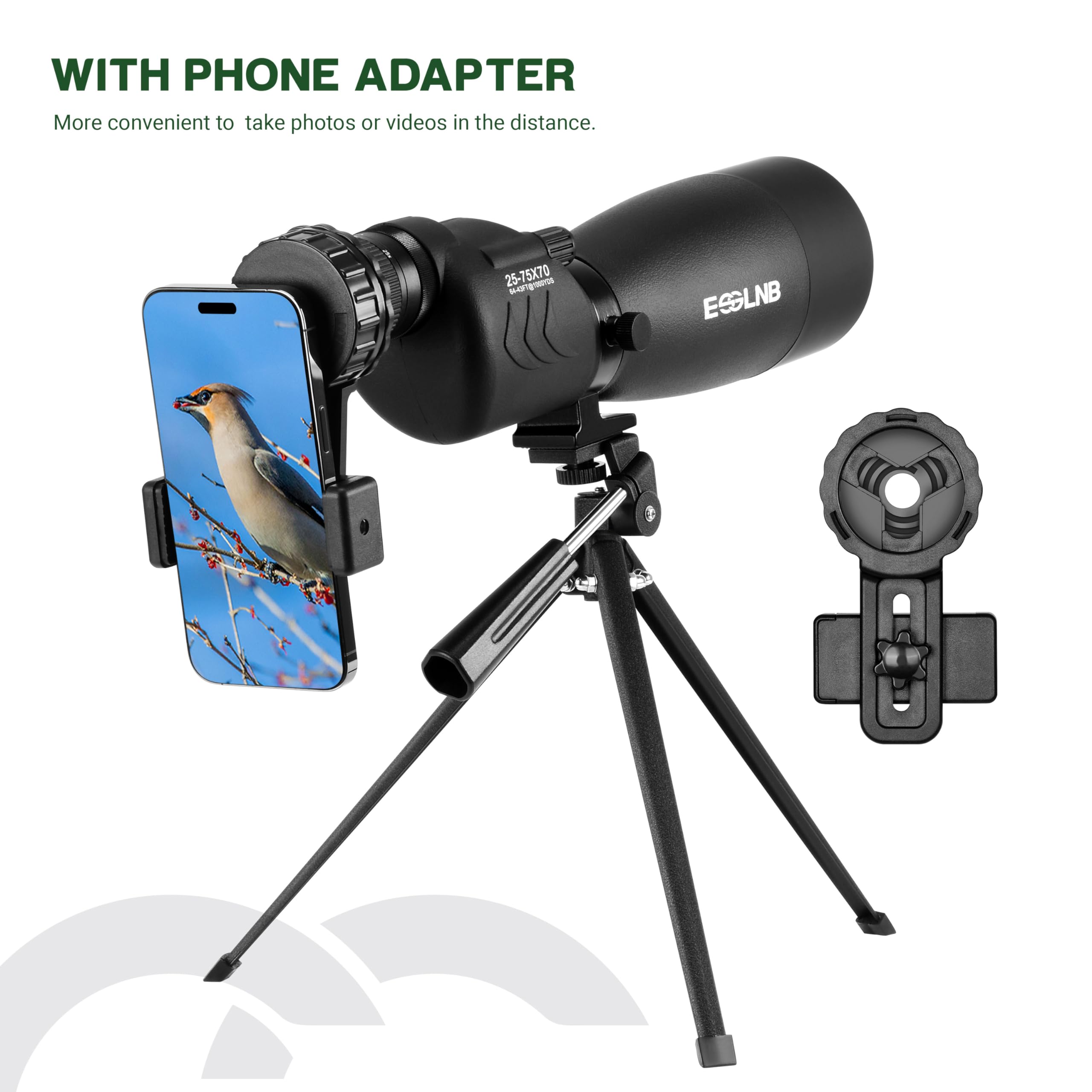 ESSLNB Spotting Scope with Tripod Cell Phone Adapter 25-75 X 70 BAK4 Waterproof Straight Spotting Scopes for Target Shooting Hunting Bird Watching