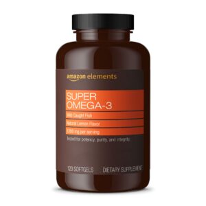 amazon elements super omega-3 with natural lemon flavor, epa & dha omega-3 fatty acids, 120 count (1280 mg per serving, 2 softgels) (packaging may vary)