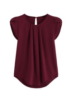 milumia womens casual round neck basic pleated top shirt curved keyhole back blouse (burgundy, small, cap sleeve)