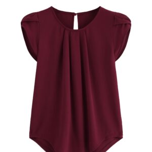 Milumia Womens Casual Round Neck Basic Pleated Top Shirt Curved Keyhole Back Blouse (Burgundy, Small, Cap Sleeve)