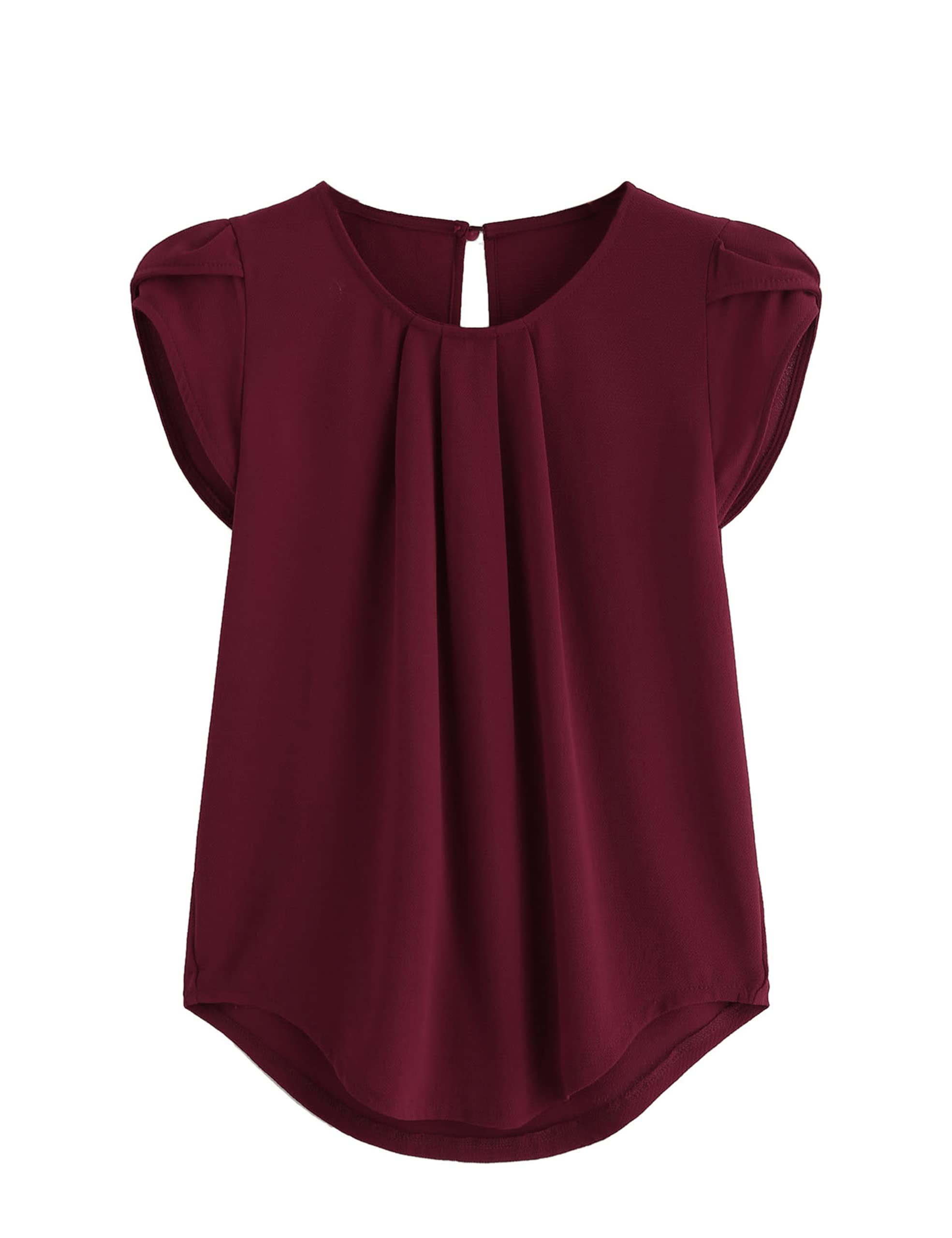 Milumia Womens Casual Round Neck Basic Pleated Top Shirt Curved Keyhole Back Blouse (Burgundy, Small, Cap Sleeve)