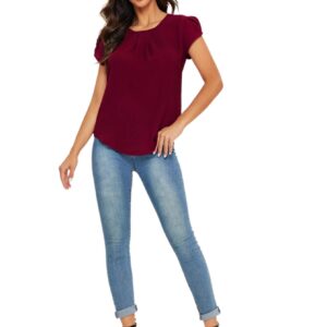 Milumia Womens Casual Round Neck Basic Pleated Top Shirt Curved Keyhole Back Blouse (Burgundy, Small, Cap Sleeve)