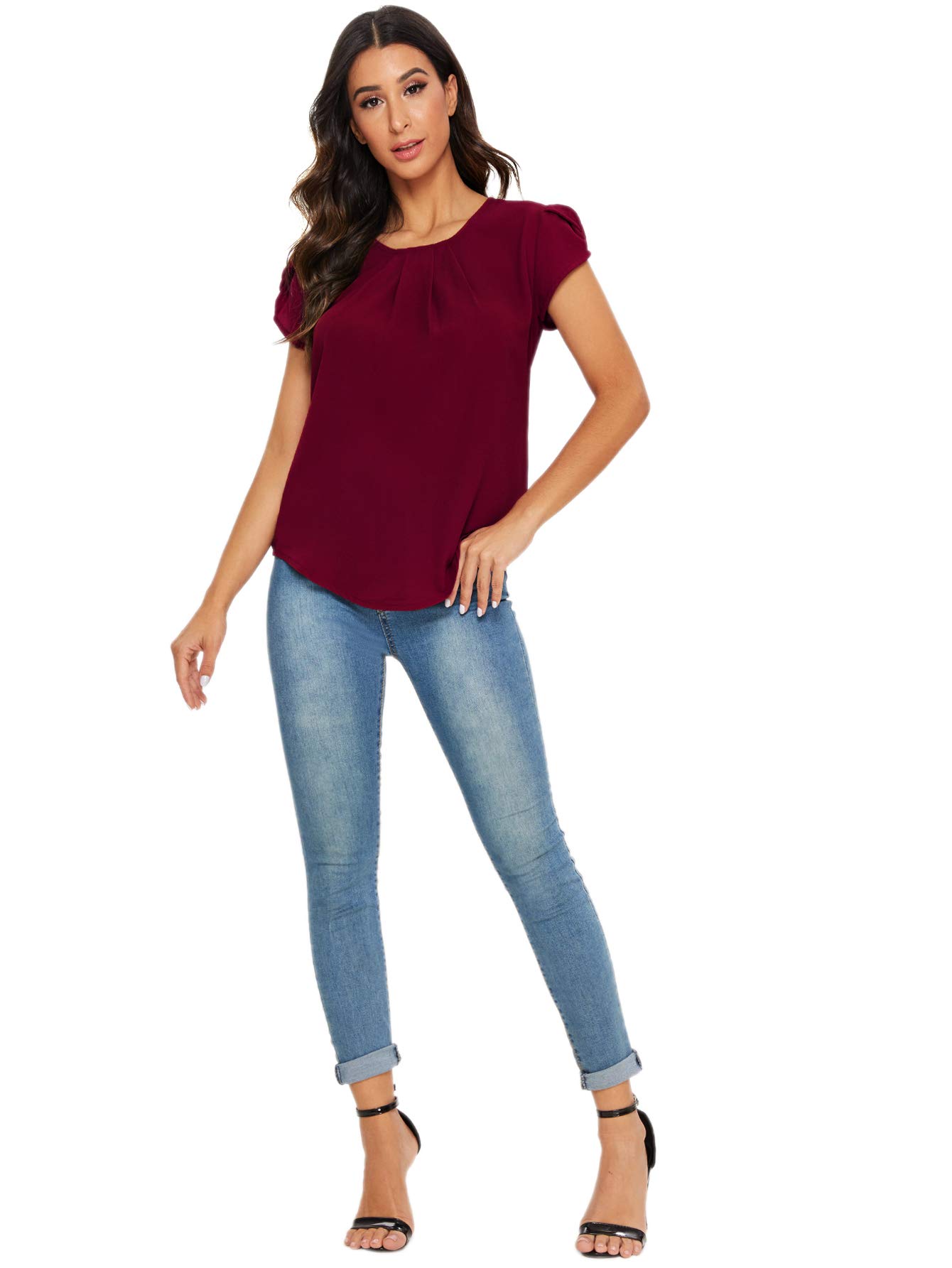 Milumia Womens Casual Round Neck Basic Pleated Top Shirt Curved Keyhole Back Blouse (Burgundy, Small, Cap Sleeve)