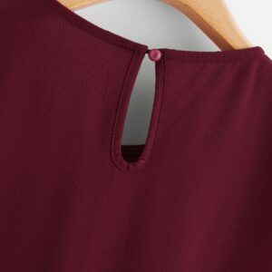 Milumia Womens Casual Round Neck Basic Pleated Top Shirt Curved Keyhole Back Blouse (Burgundy, Small, Cap Sleeve)