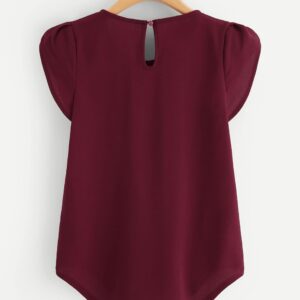 Milumia Womens Casual Round Neck Basic Pleated Top Shirt Curved Keyhole Back Blouse (Burgundy, Small, Cap Sleeve)