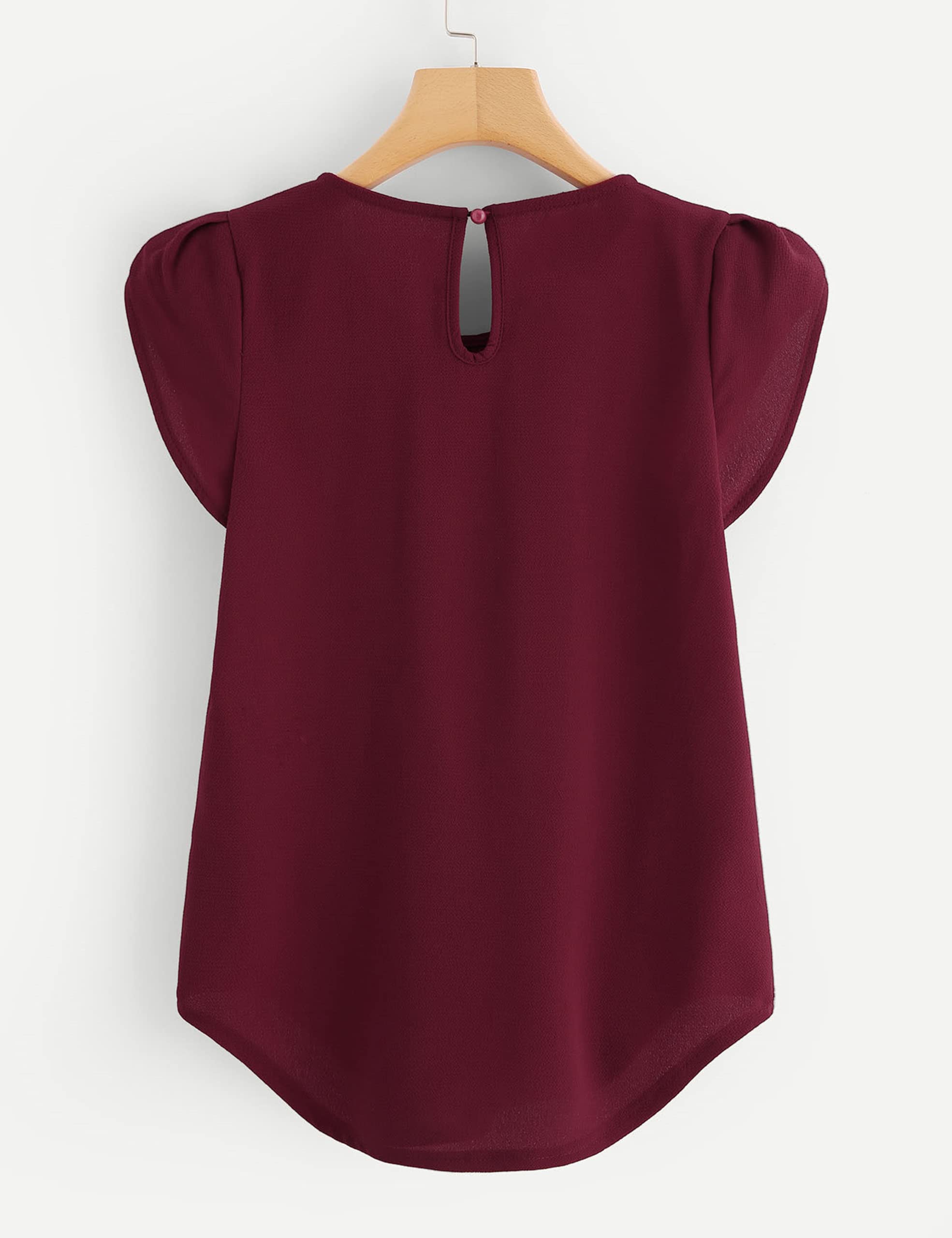 Milumia Womens Casual Round Neck Basic Pleated Top Shirt Curved Keyhole Back Blouse (Burgundy, Small, Cap Sleeve)