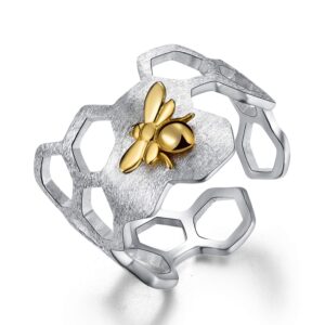 lotus fun s925 sterling silver rings handmade unique thumb ring natural honeycomb bee open ring honeycomb home guard jewelry gifts for women and girls