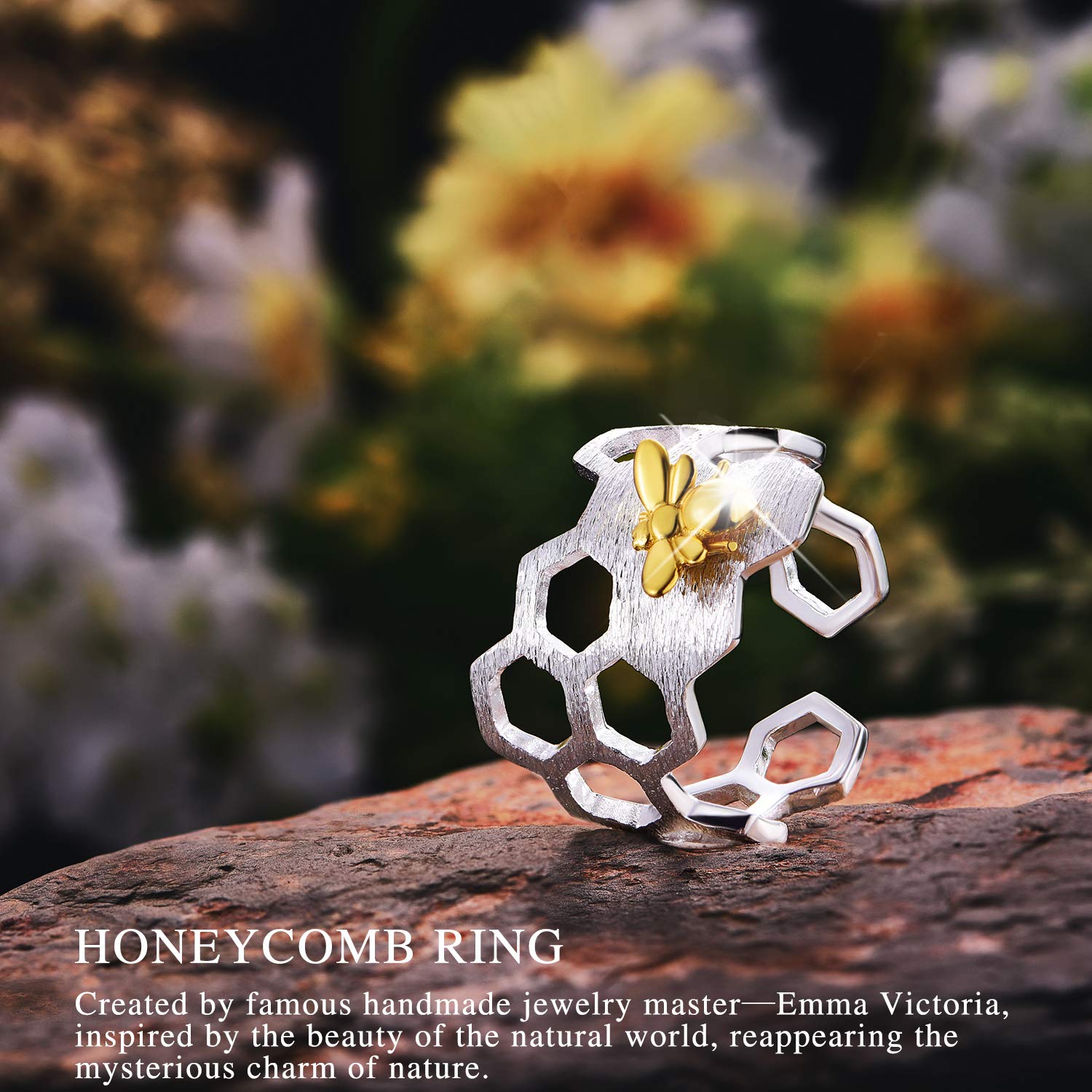 Lotus Fun S925 Sterling Silver Rings Handmade Unique Thumb Ring Natural Honeycomb Bee Open Ring Honeycomb Home Guard Jewelry Gifts for Women and Girls