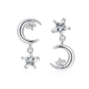 sluynz 925 sterling silver cz crystal star moon studs earrings for women sparkling asymmetric studs earrings (star moon earrings)