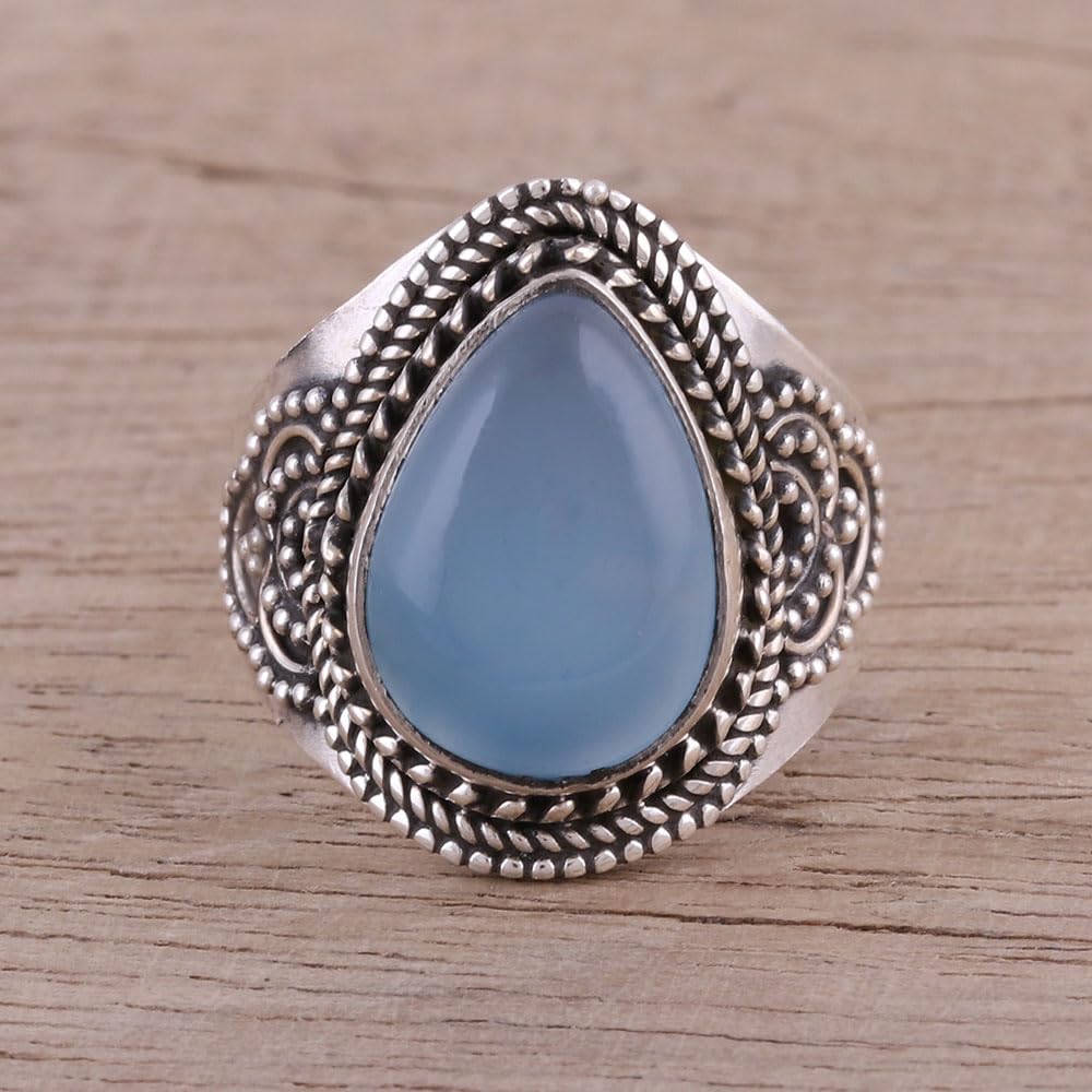 NOVICA Artisan Handmade Chalcedony Cocktail Ring Sterling Silver Blue India [crownbezel 0.7 in L x 0.8 in W x 0.3 in H Band Width 3 mm W] ' Charismatic Blue Charm'