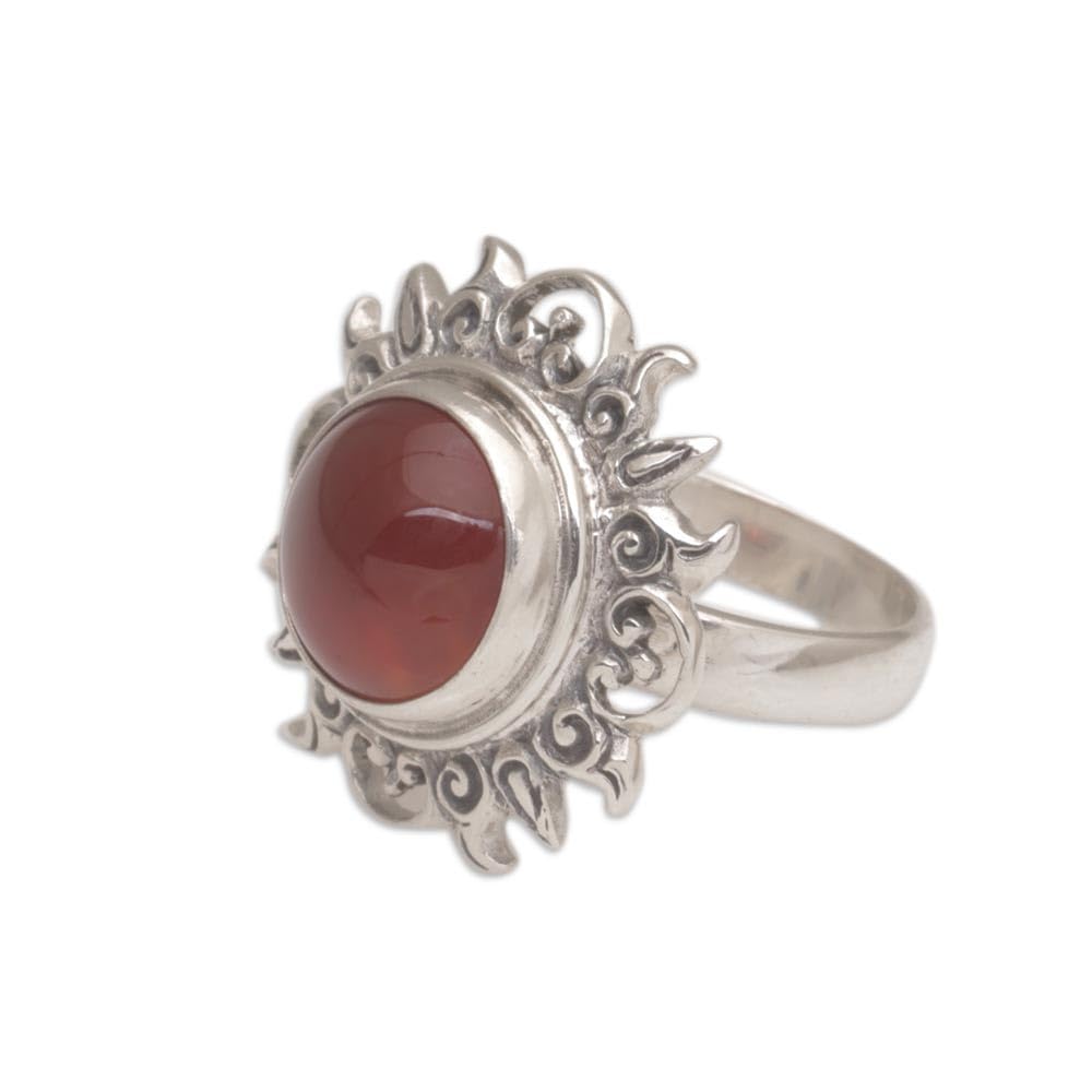 NOVICA Artisan Handmade Carnelian Cocktail Ring Sun Themed Sterling Silver Red Indonesia Birthstone [crownbezel 0.5 in L x 0.5 in W x 0.4 in H Band Width 4 mm W] ' Light of The Universe'