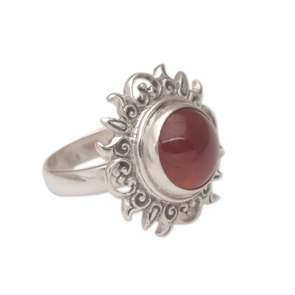 NOVICA Artisan Handmade Carnelian Cocktail Ring Sun Themed Sterling Silver Red Indonesia Birthstone [crownbezel 0.5 in L x 0.5 in W x 0.4 in H Band Width 4 mm W] ' Light of The Universe'