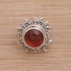 NOVICA Artisan Handmade Carnelian Cocktail Ring Sun Themed Sterling Silver Red Indonesia Birthstone [crownbezel 0.5 in L x 0.5 in W x 0.4 in H Band Width 4 mm W] ' Light of The Universe'