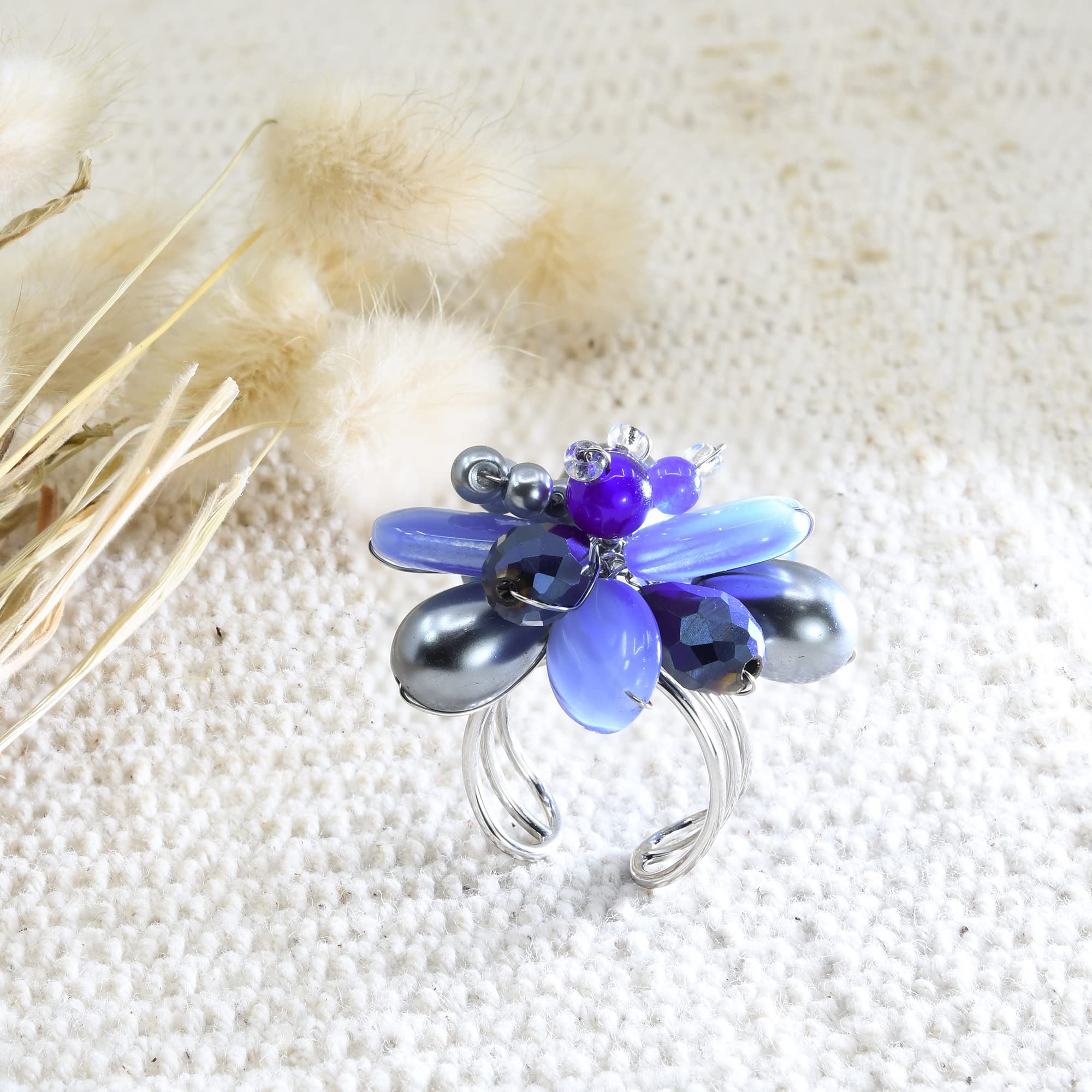 AeraVida Adjustable Charming Nautical Blue Floral Cluster Mix Stone Statement Free Size Ring for Women