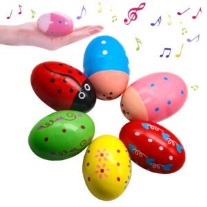 ehome easter egg shakers easter basket stuffers, 6pcs wooden percussion musical shake prefilled easter eggs for toddler, easter egg fillers, montessori maracas for kids baby with storage bag