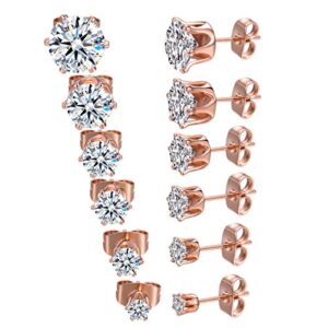 mdfun 18k rose gold plated round clear cubic zirconia stud earring pack of 6 pairs (6 pairs)